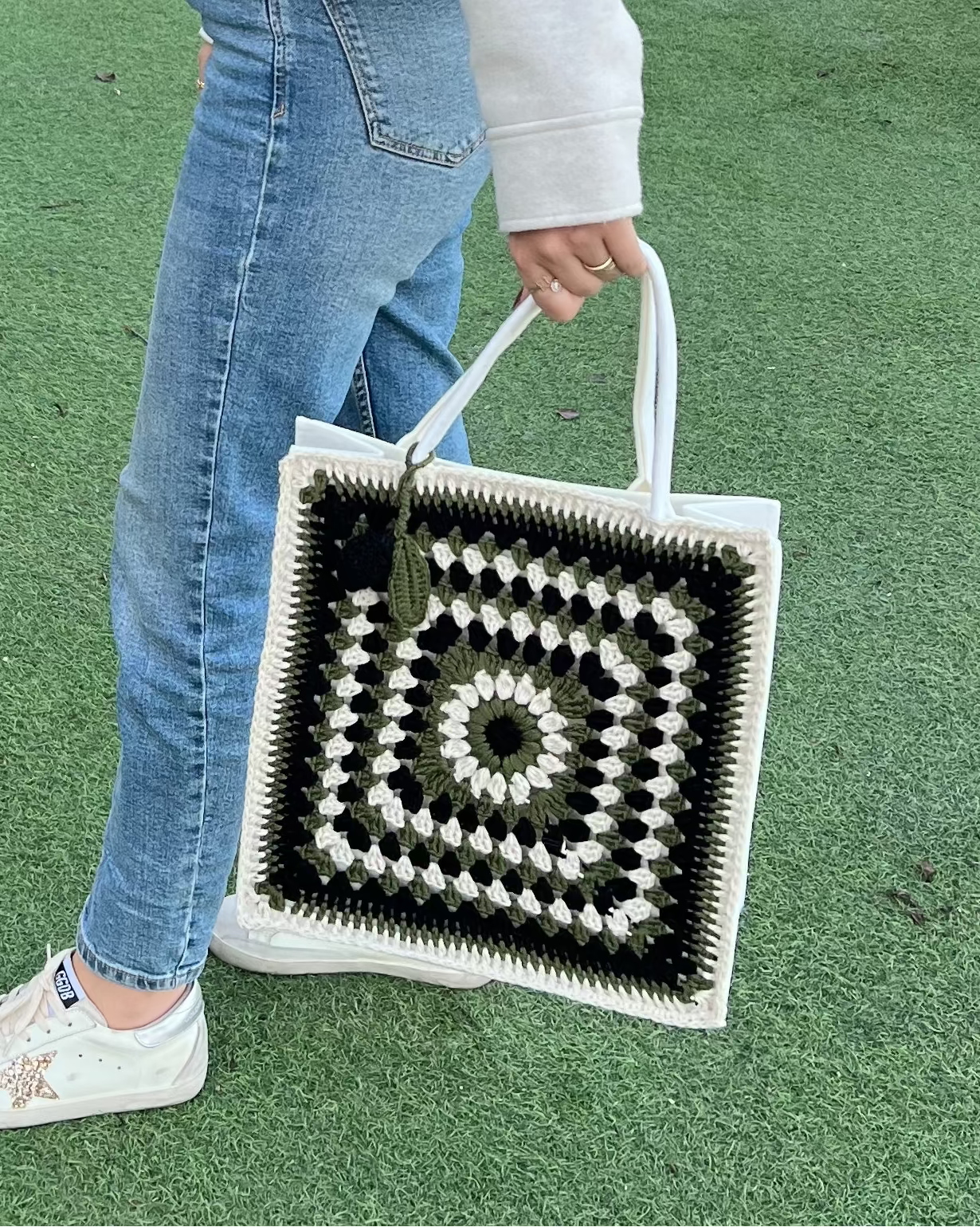 Hand-Crocheted Palestinian Olive Bag – Black & Cream Square Design ...